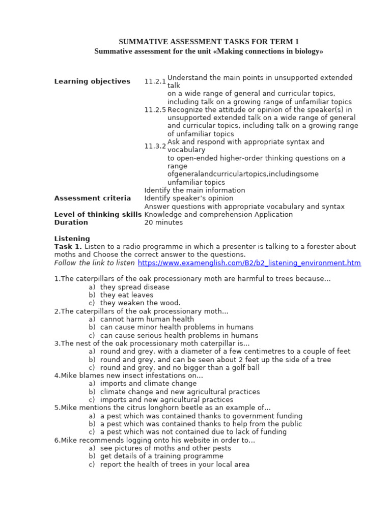 Summative Assessment For The Unit Making Connections in Biology | PDF ...