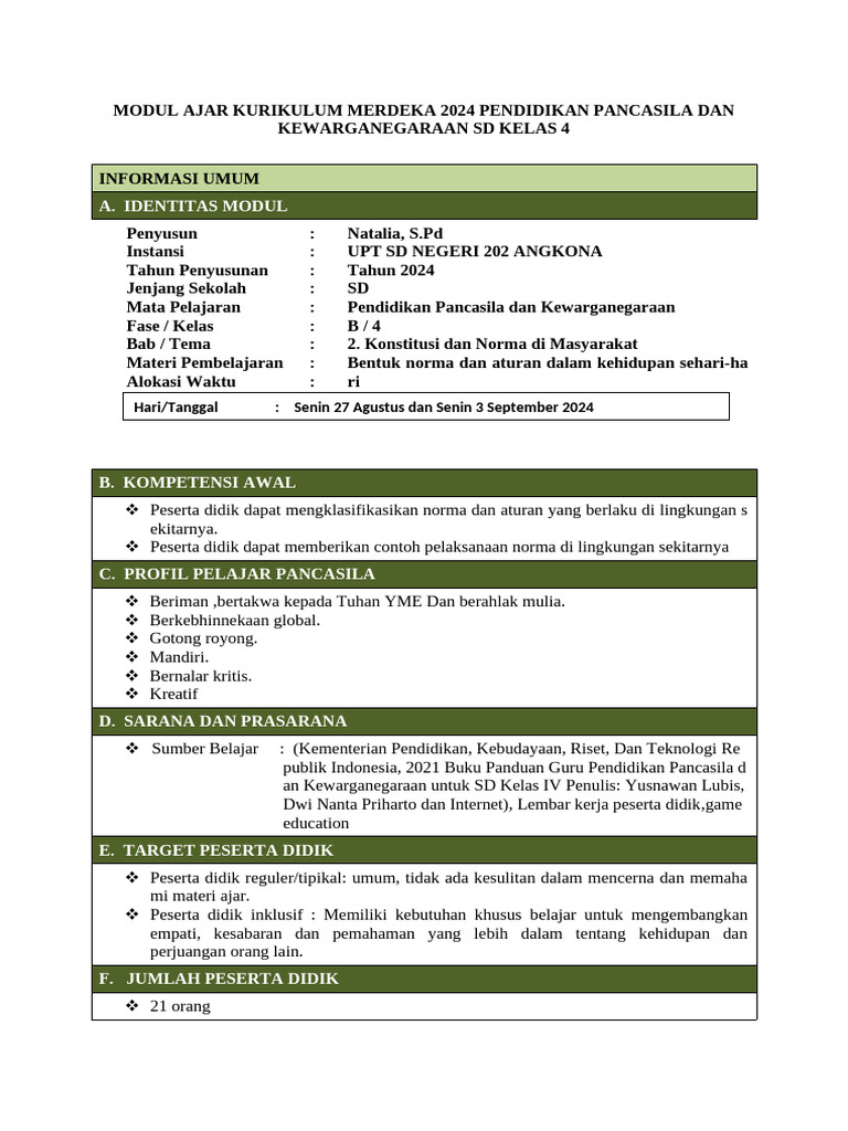 MODUL AJAR KURIKULUM MERDEKA 2024 PENDIDIKAN PANCAsila Pembatik | PDF