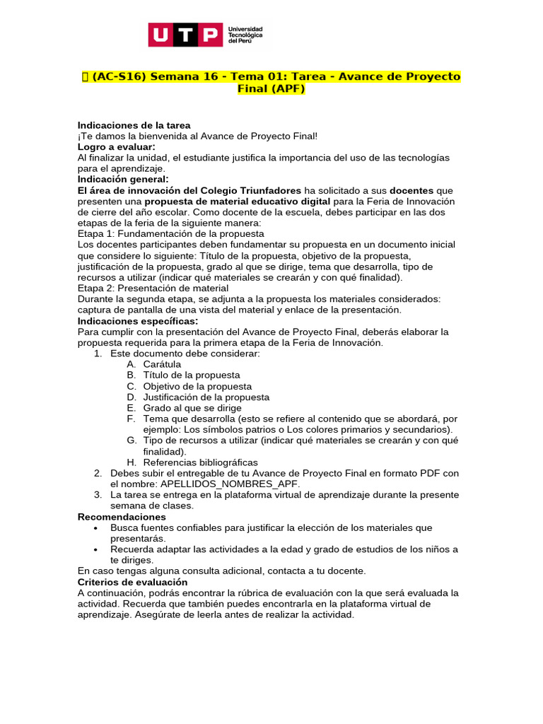 ? (AC-S16) Semana 16 - Tema 01 Tarea - Avance de Proyecto Final (APF) - TECNOLOGIAS PARA EL ...