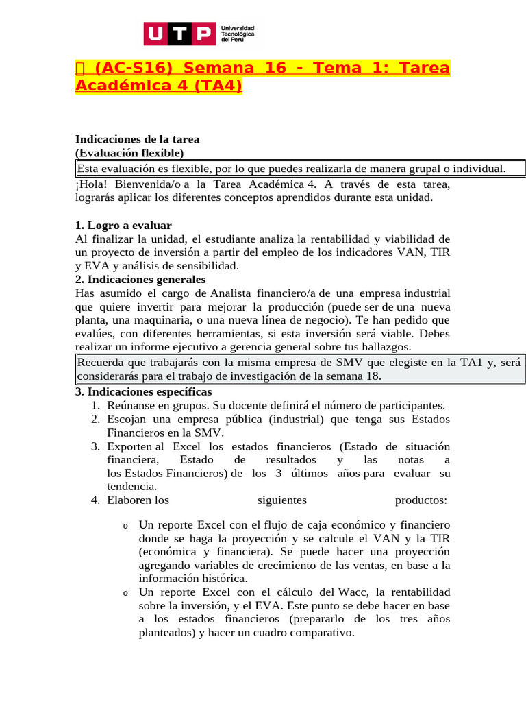 Ac S16 Semana 16 Tema 1 Tarea Académica 4 Ta4 Gerencia De Evaluacion Financera Pdf