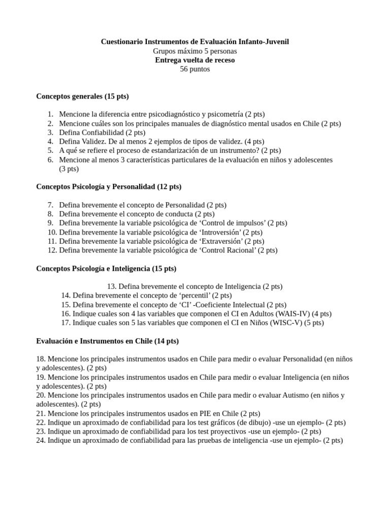 Cuestionario Instrumentos Infanto Juvenil | PDF | Inteligencia | Cociente de inteligencia