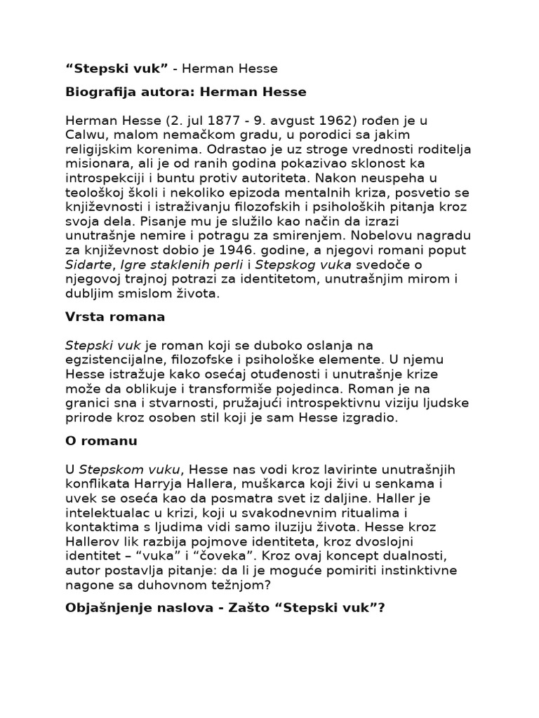 Lektira Bosanski Stepski Vuk | PDF