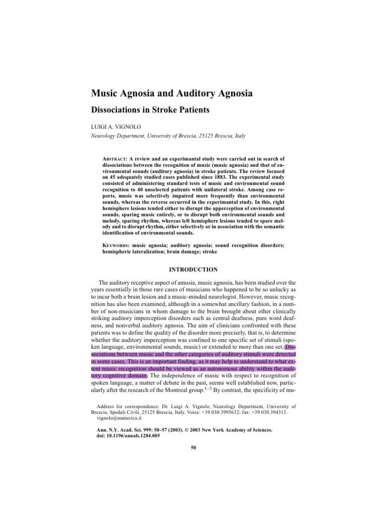 Annals of The New York Academy of Sciences - 2006 - VIGNOLO - Music Agnosia and Auditory Agnosia ...