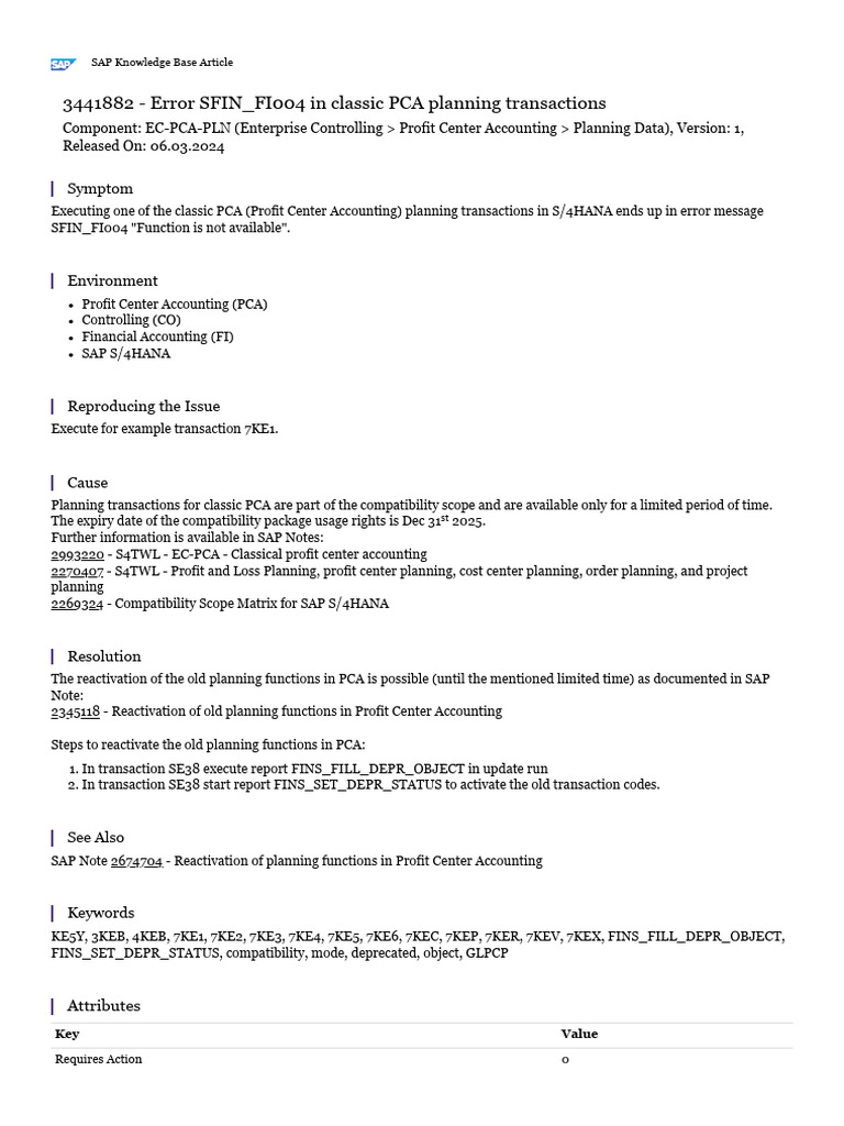 Error SFIN - FI004 in Classic PCA Planning Transactions | PDF