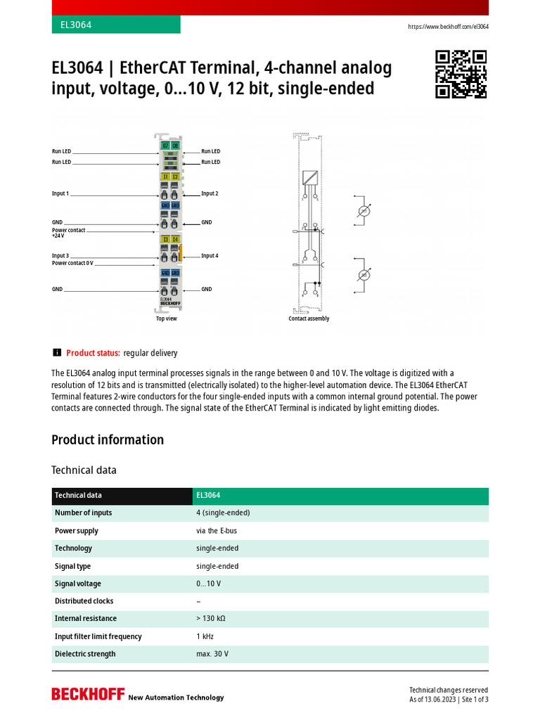 EL3064 4-Channel Analog Input Terminal | PDF | Power Supply ...