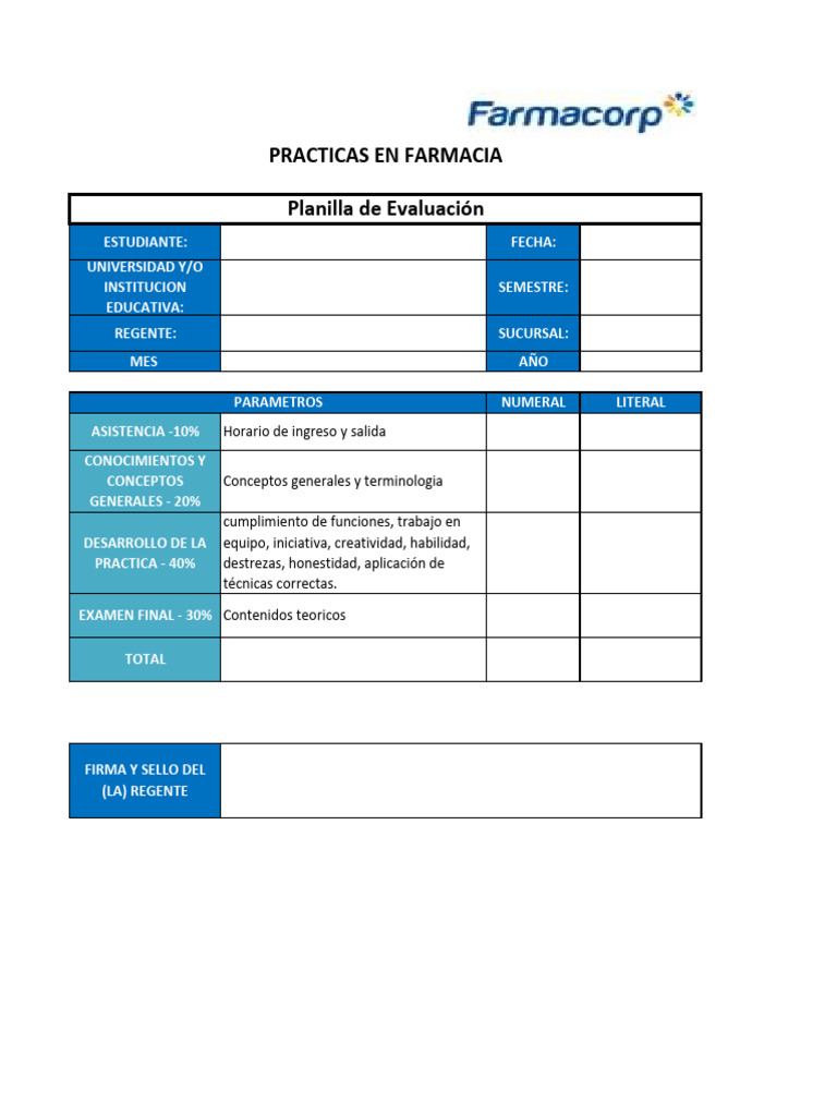 Planilla de Calificación - Prácticas en Farmacia | PDF
