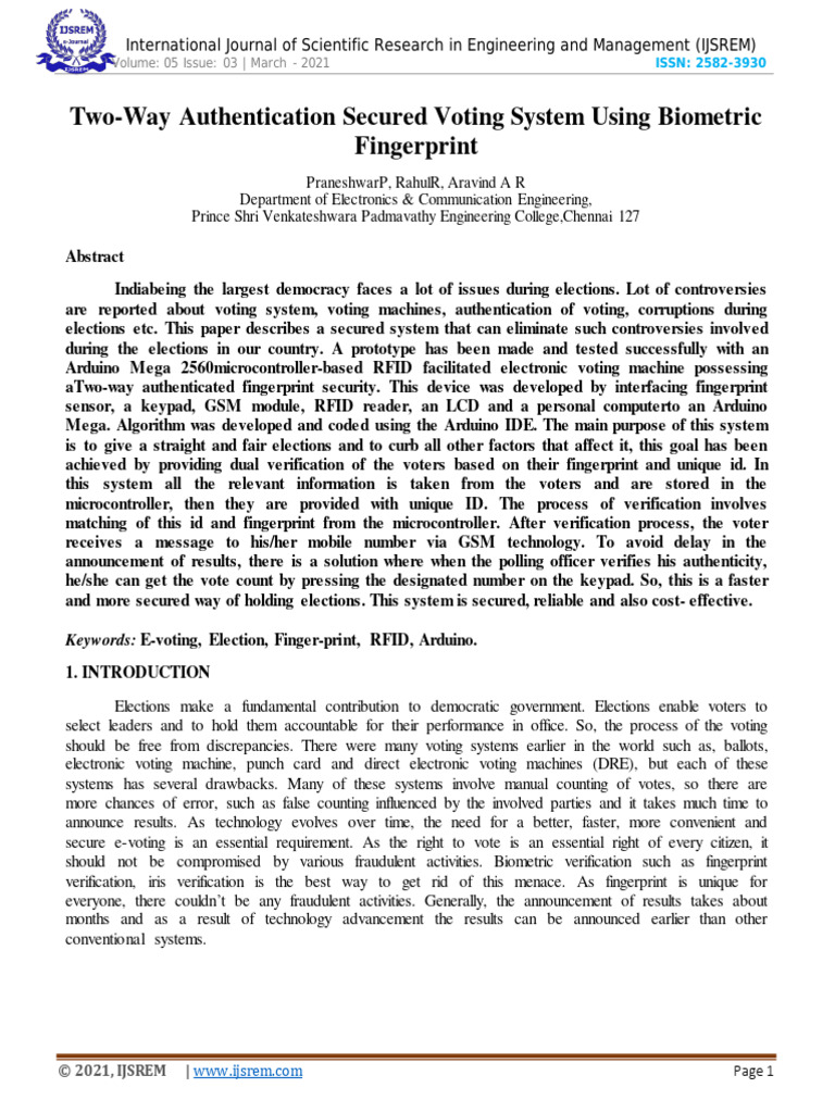 Two-Way Authentication Secured Voting System Using Biometric Fingerprint | PDF | Electronic ...
