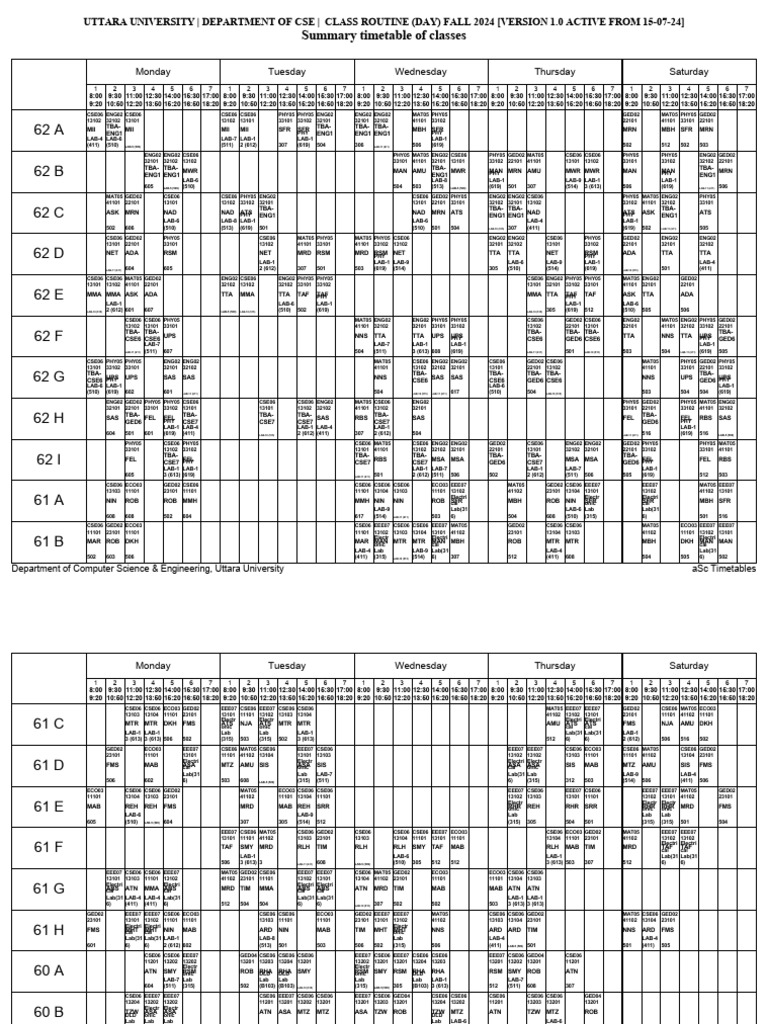 Day Batches Class Routine Fall 2204 V1.0 (Active From 15-07-2024) | PDF
