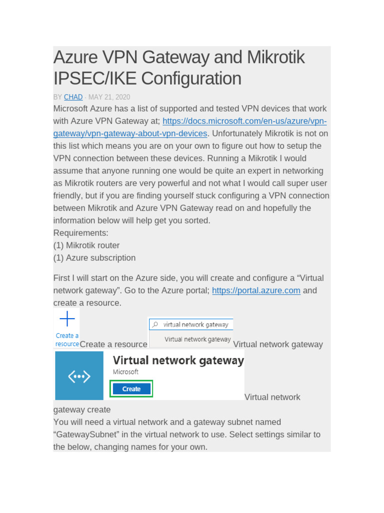 Azure VPN Gateway and Mikrotik IPSEC | PDF | Computer Network | Gateway (Telecommunications)