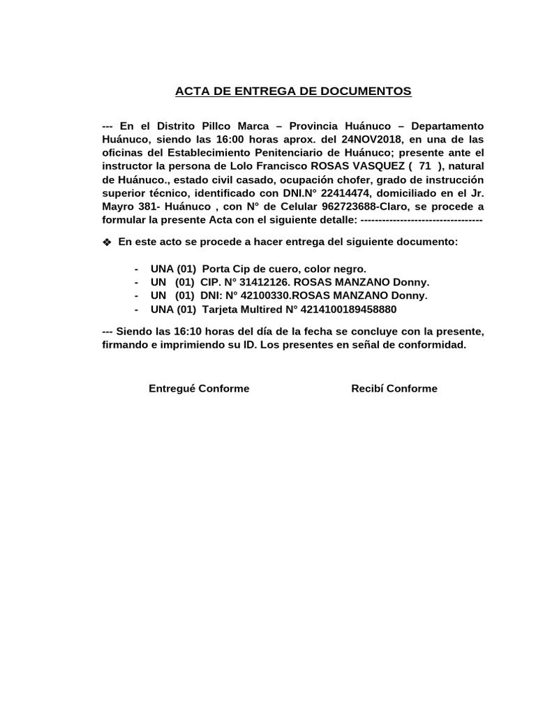 Acta de Entrega de Documentos | PDF | Documento de identidad | Gobierno y personalidad