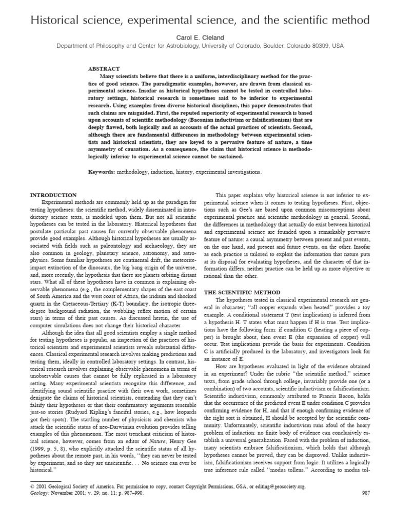 Cleland 2001 - Historical Science, Experimental Science, and The Scientific Method | PDF ...