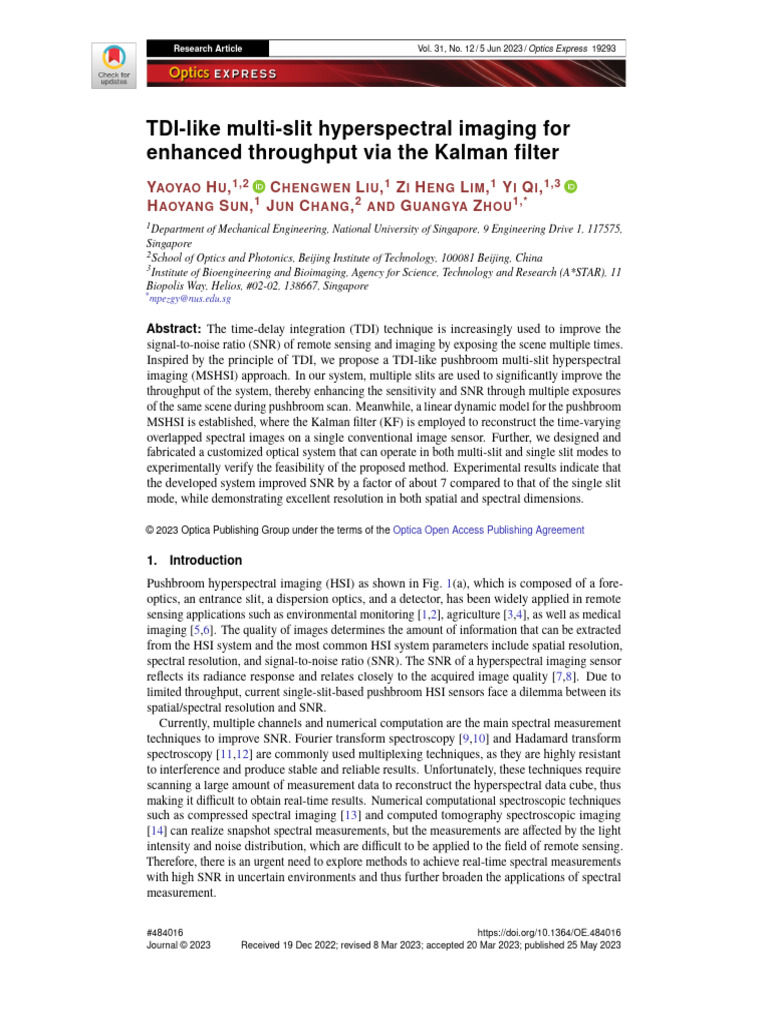 (YHu23) TDI-like Multi-Slit Hyperspectral Imaging For Enhanced Throughput Via KF | PDF | Angular ...