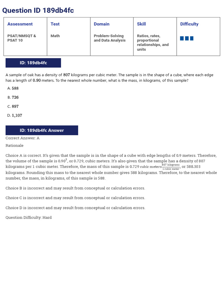 PSAT Math Problem Solutions | PDF | Density | Ratio