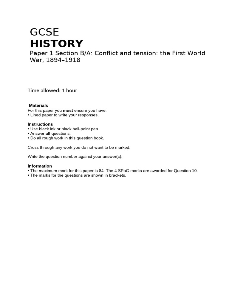 GCSE History: WWI Conflict & Tension Exam | PDF