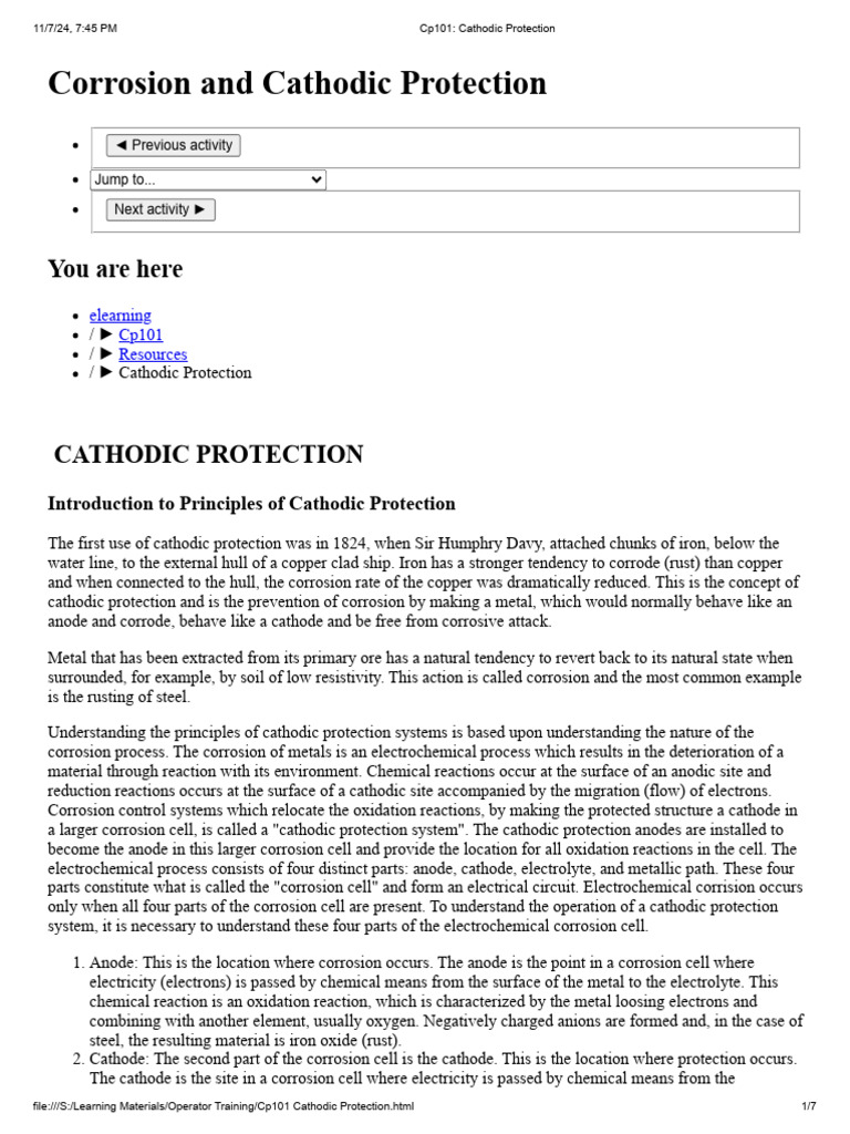 Cp101 - Cathodic Protection | PDF | Electrochemistry | Corrosion