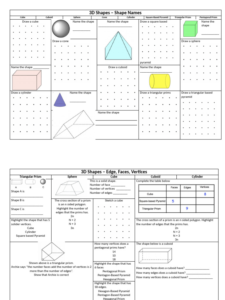 3D Shapes - Maths Sheets To Complete | PDF | Shape | Euclidean Plane ...