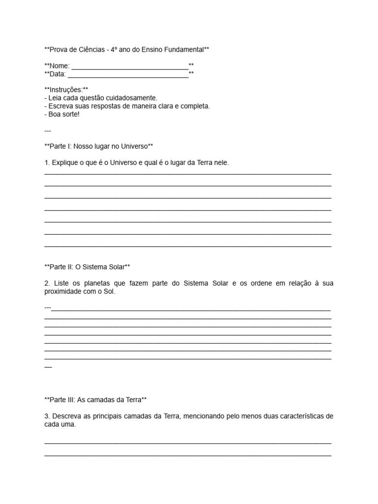 Prova de Ciências - 4º Ano Do Ensino Fundamental | PDF | Science | Terra