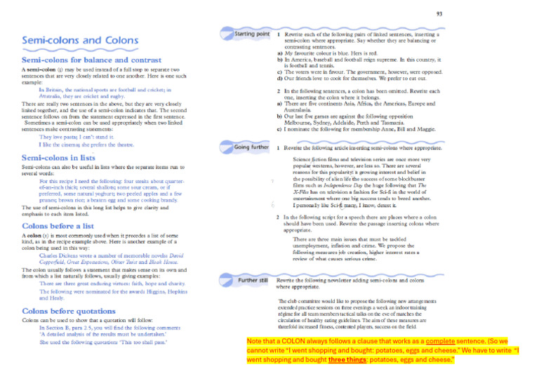 Semi Colons and Colons From Grammar To 14 | PDF