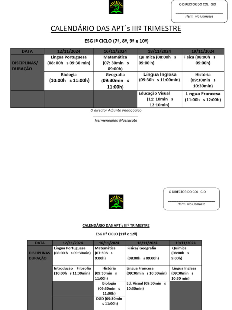 Calendário APTs IIIº Trimestre 2024 | PDF | Ciências naturais