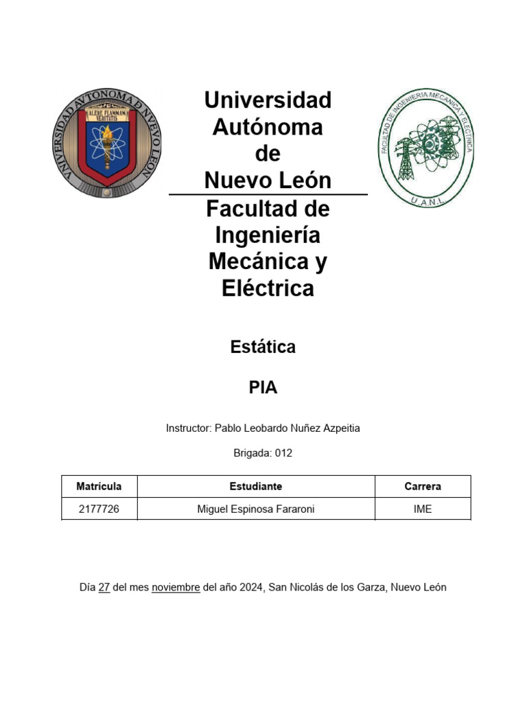 Informe de Estática FIME UANL 2024 | PDF
