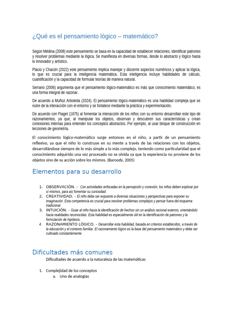 Pensamiento Lógico-Matemático: Claves y Dificultades | PDF ...
