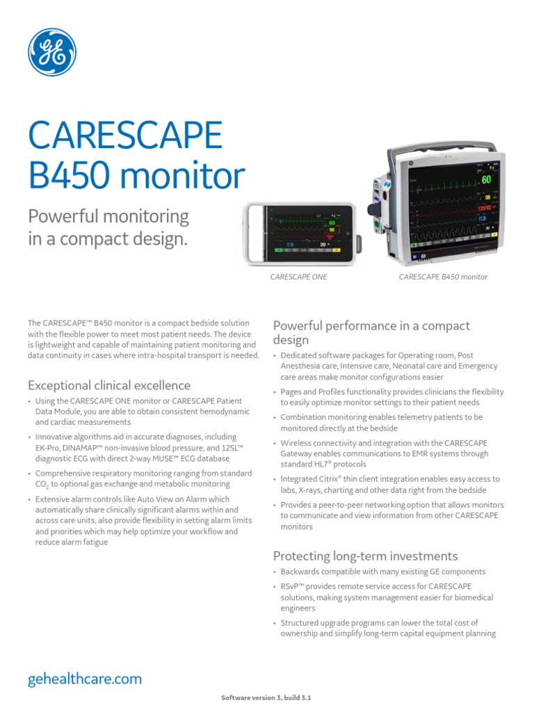 CARESCAPE B450 Monitor Spec Sheet | PDF | Monitoring (Medicine ...