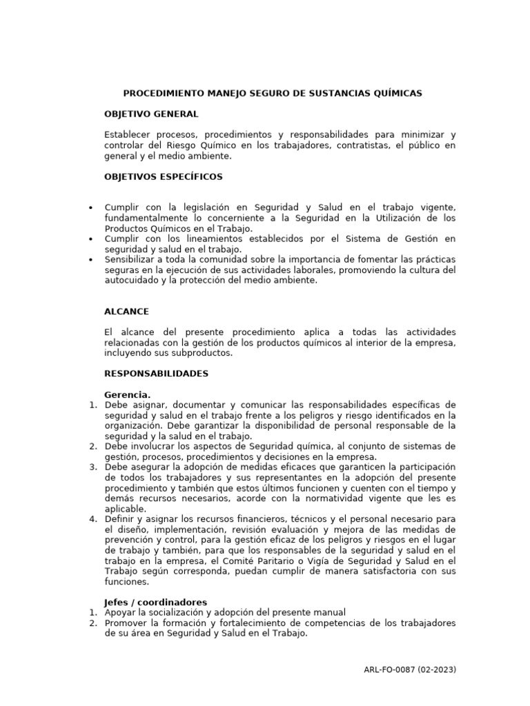 Procedimiento Manejo Seguro de Sustancias Químicas | PDF | La seguridad informática | Seguridad
