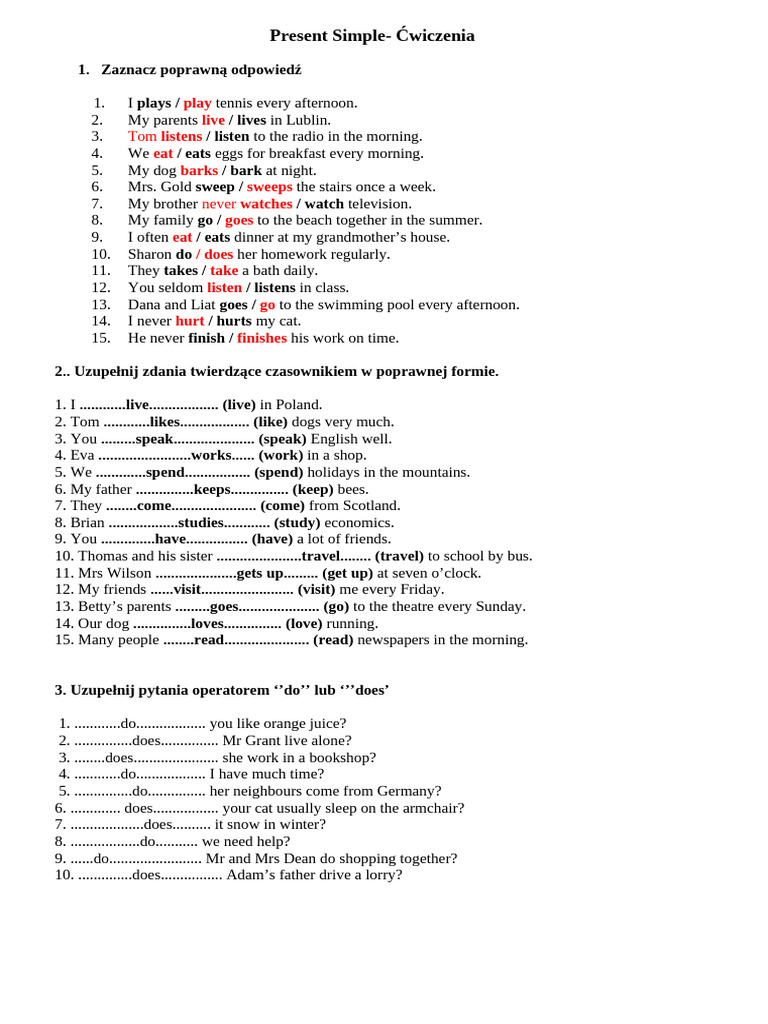 Present-Simple-ćwiczenia 1 | PDF