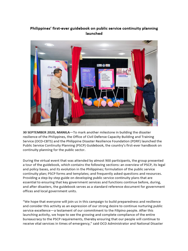 Philippines First Ever Guidebook On Public Service Continuity Planning ...