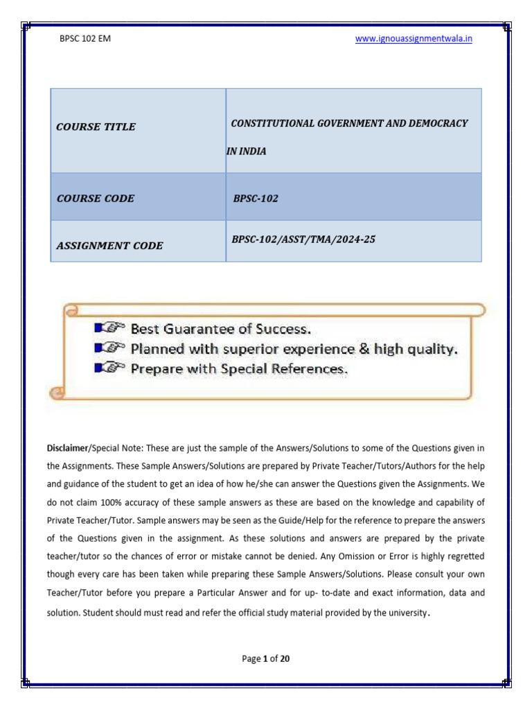 BPSC 102 em Solved Assignment 2024 25 | PDF | Rule Of Law | Member Of Parliament