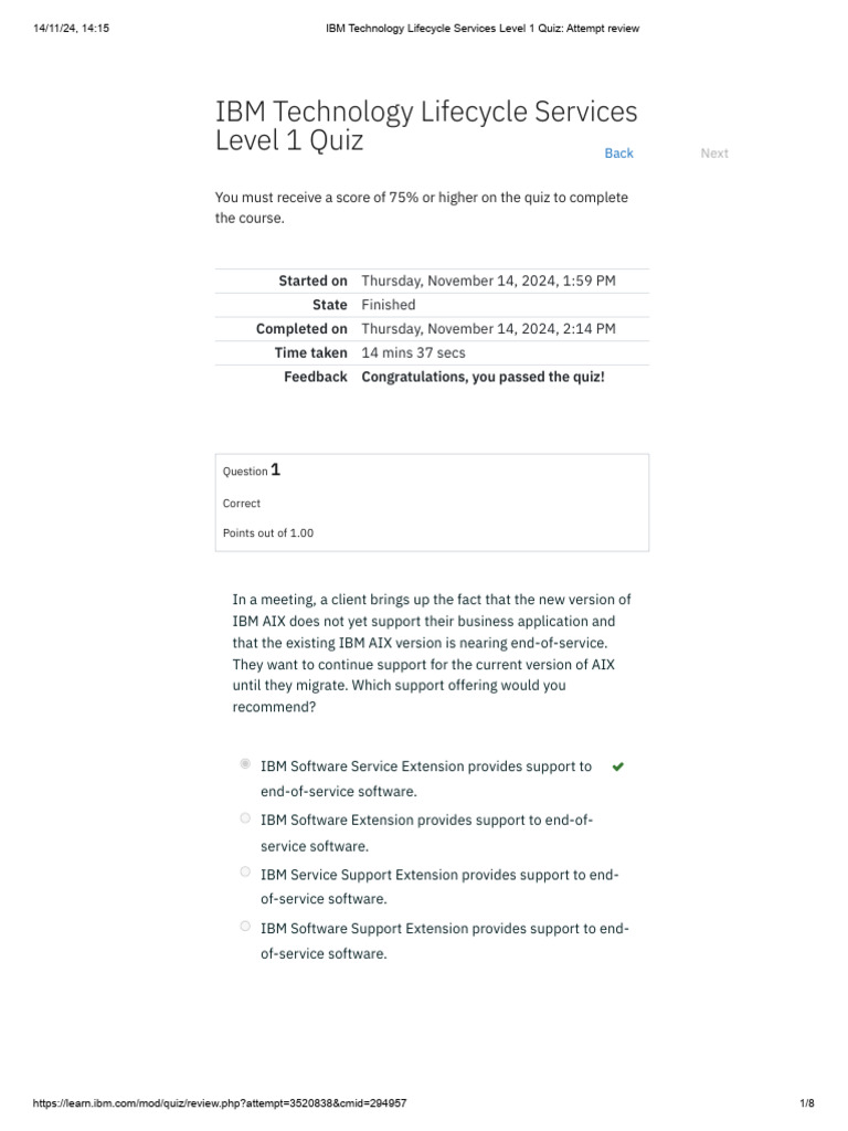 IBM Technology Lifecycle Services Level 1 Quiz - Attempt Review | PDF | Risk | Ibm