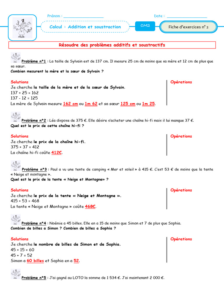 Problèmes d'addition et soustraction CM2 | PDF