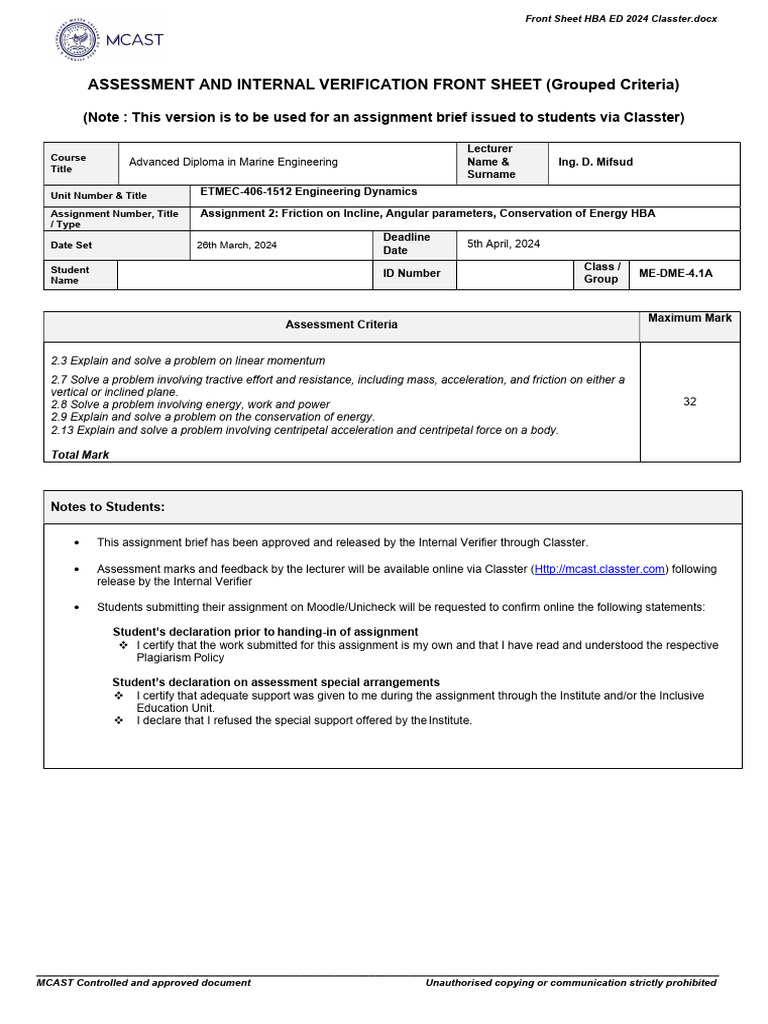 Assignment 2 Engineering Dynamics Lab HBA 2024 Final | PDF | Force | Friction