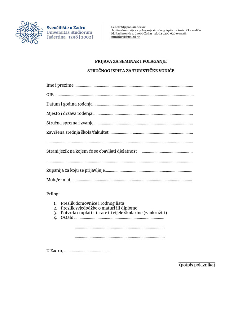 Prijava Turistički Vodiči | PDF