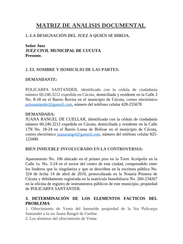 MATRIZ de ANALISIS DOCUMENTAL (Trabajo de Derecho Procesal Civil Colombiano) | PDF | Derecho ...