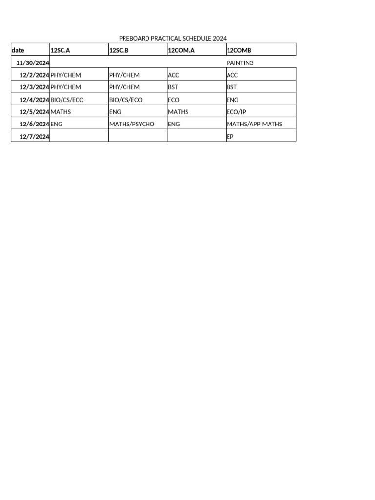 Preboard Practical Datesheet 2024 | PDF