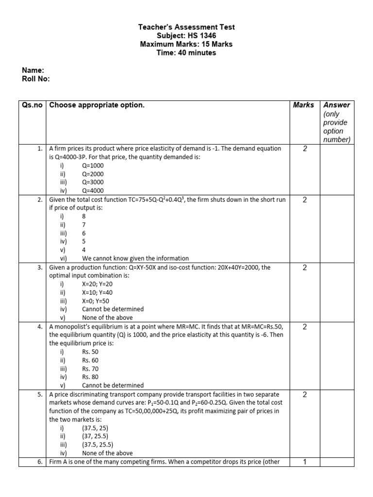 Class Test - TA - 22nd March 2022 | PDF | Demand | Production Function