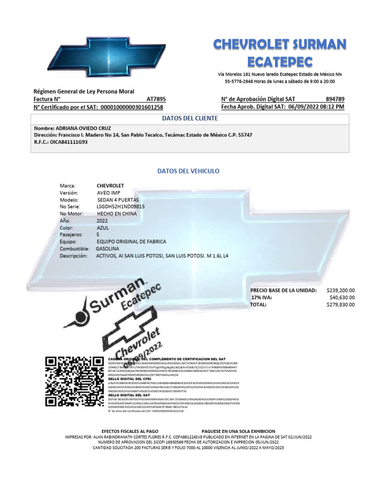 Factura Chevrolet Aveo | PDF | General Motors Marques | Chevrolet