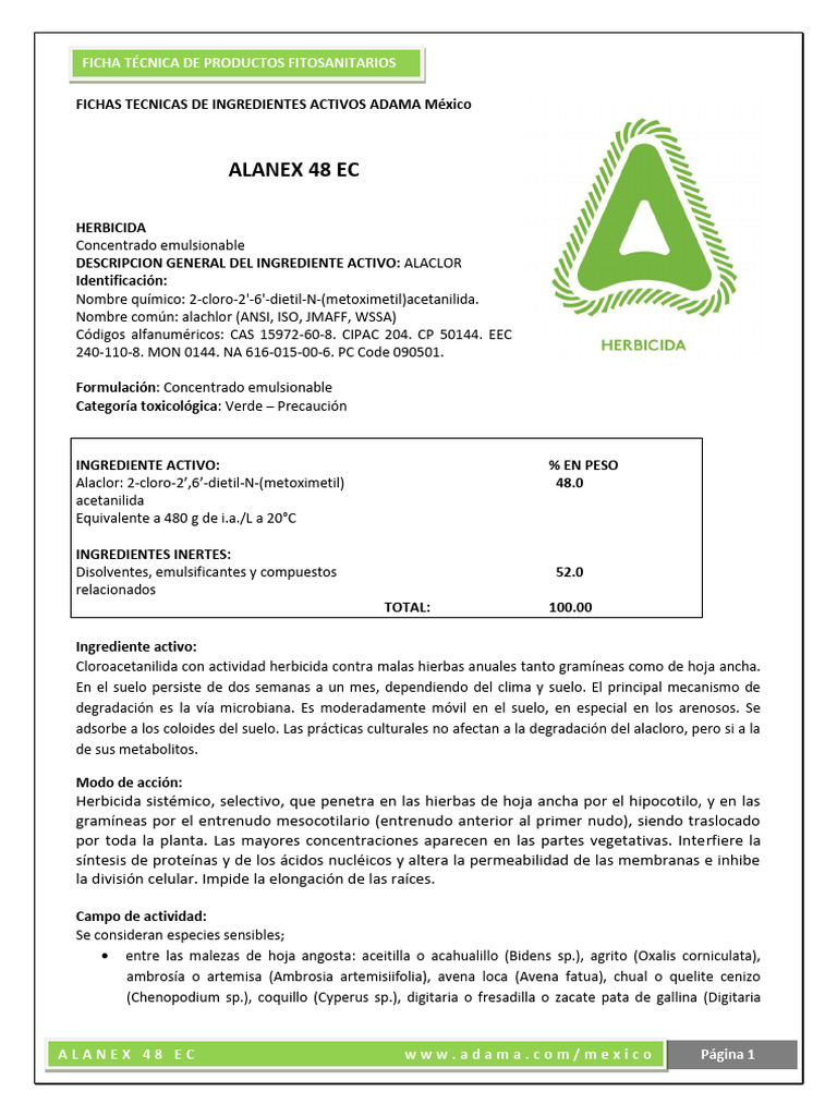Ficha Tecnica Alanex Adama tcm43-10246 | PDF | Agua | Pesticida