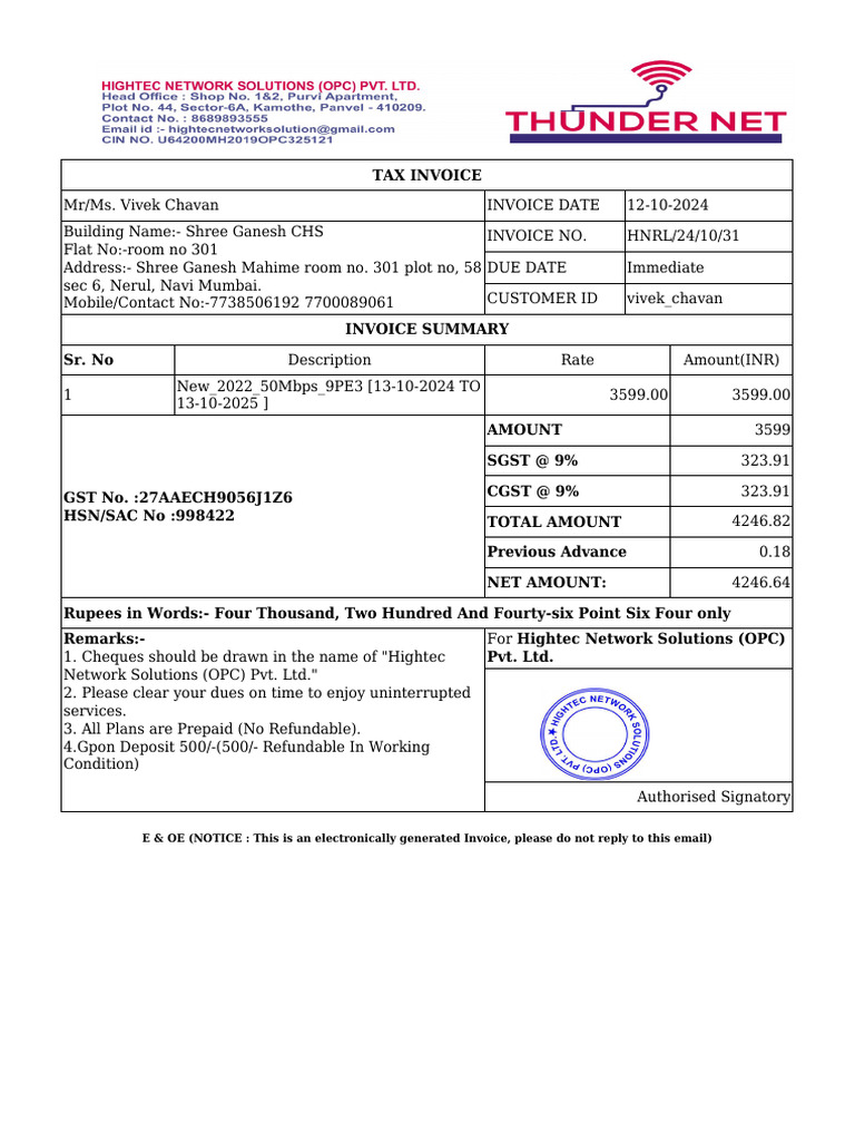 Thundernet 50Mbps Invoice for Vivek Chavan | PDF