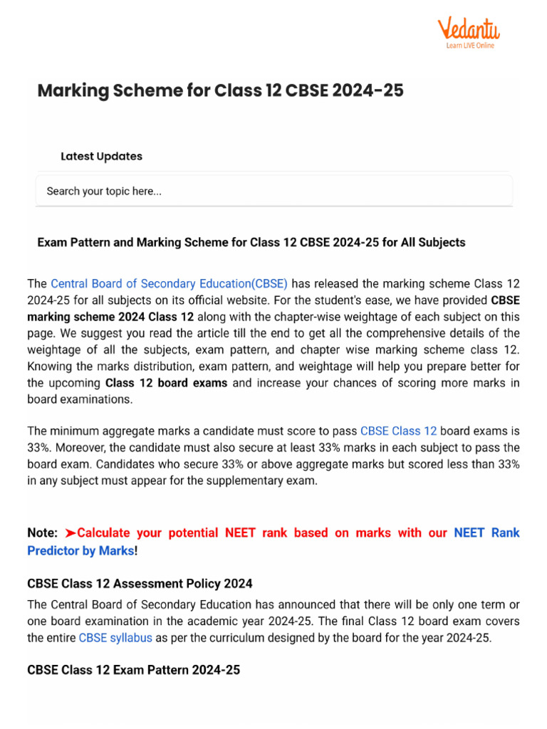 Marking Scheme For Class 12 CBSE 2024-25 | PDF