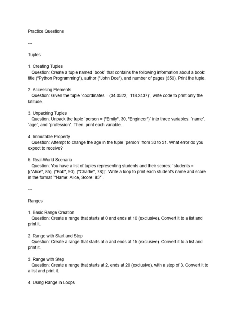 Sets, Tuples and Ranges Practice Questions (Practice - 3) | PDF ... Sets, Tuples and Ranges Practice Questions (Practice - 3) | PDF ...