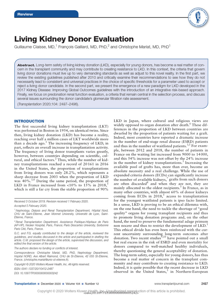 Living - Kidney - Donor - Evaluation.12 | PDF | Hypertension | Chronic Kidney Disease
