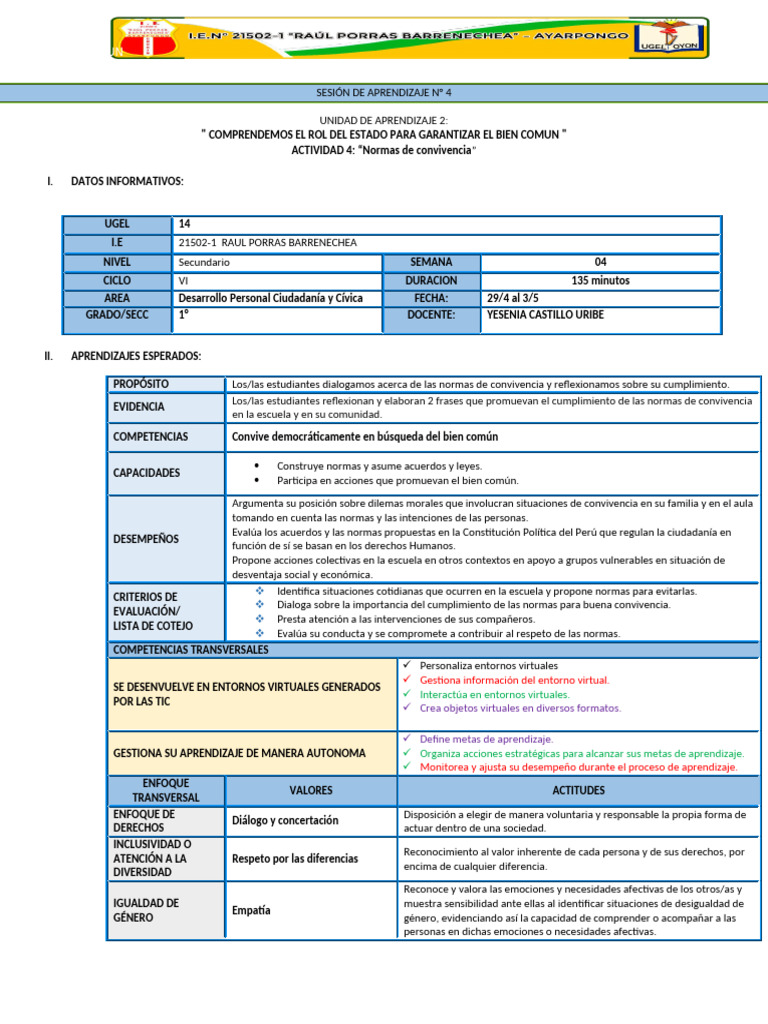 Normas de Convivencia en Secundaria EBR | PDF | Aprendizaje | Maestros