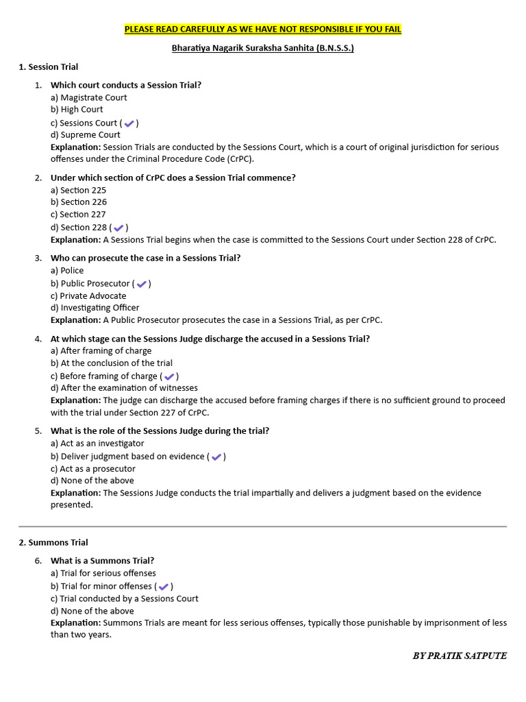Bnss MCQ For Internal - Pratik Satpute | PDF | Plea Bargain | Plea
