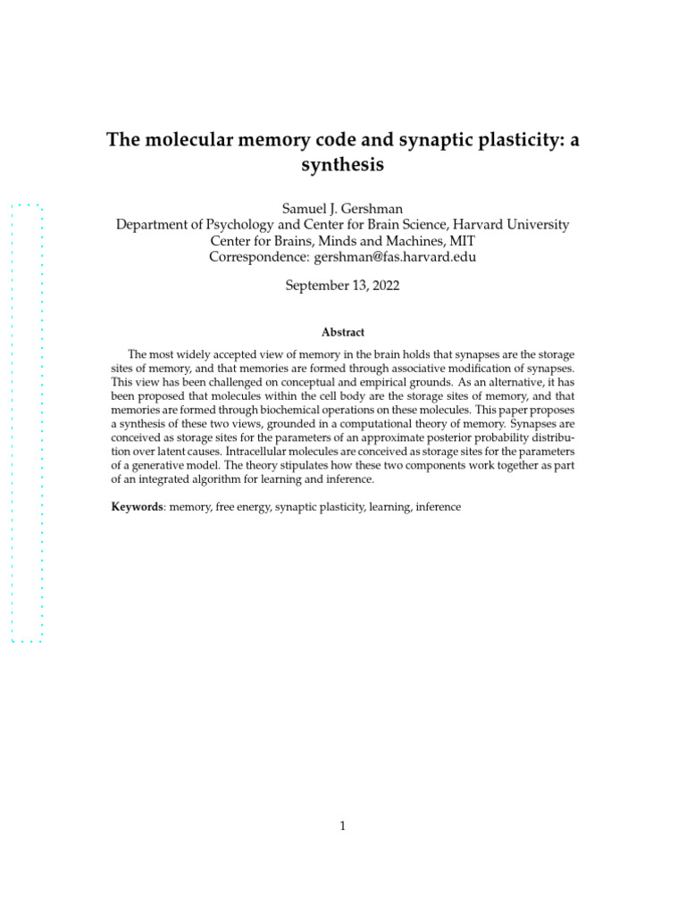 The Molecular Memory Code and Synaptic Plasticity: A Synthesis | PDF | Synaptic Plasticity ...