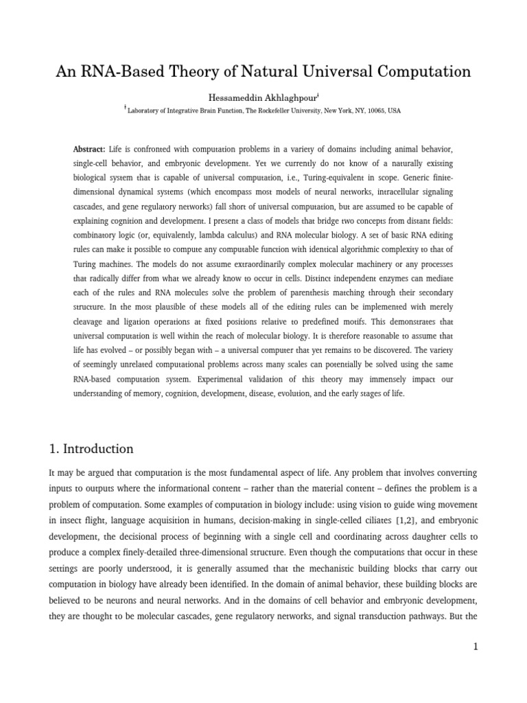 RNA and Universal Computation Theory | PDF | Rna | Dna