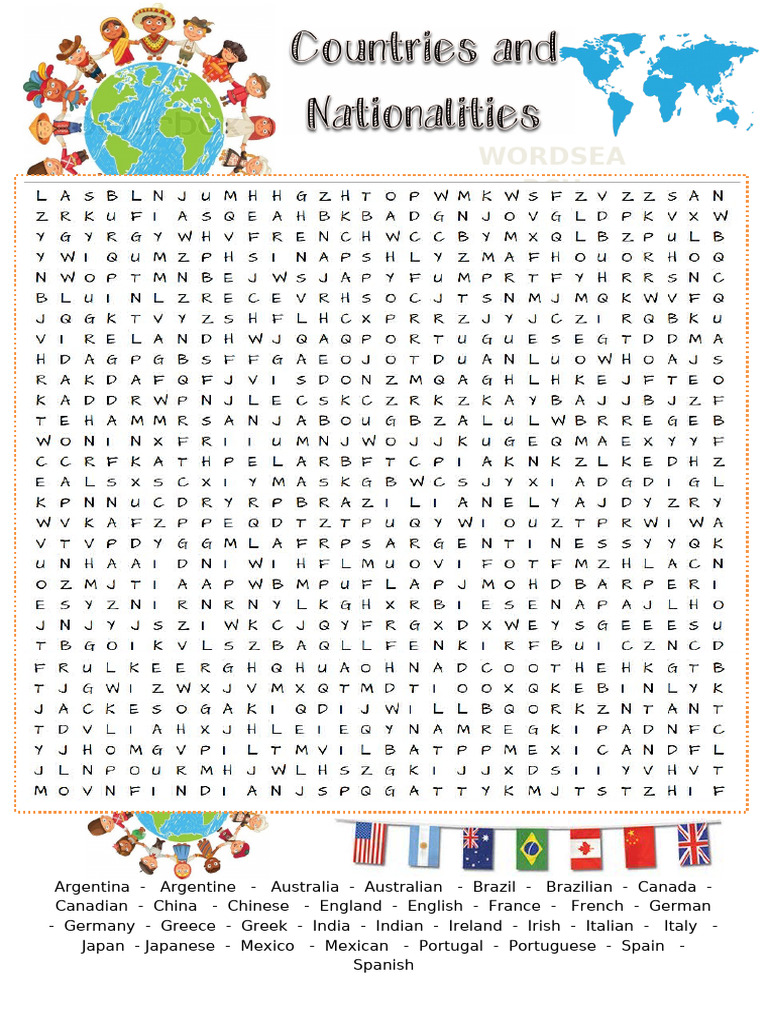 Word Search Countries and Nationalities Wordsearches 136501 | PDF