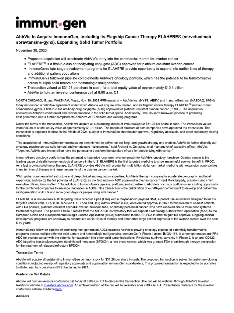 Abbvie Vie Acquires Immuno Gen - Lazard | PDF