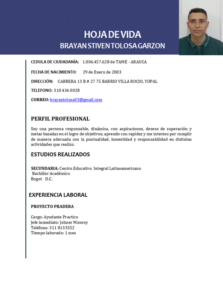 Hoja de Vida Brayan 2024-1169 | PDF | Documento de identidad | Colombia
